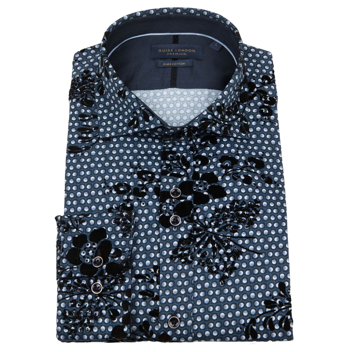 Guide London LS76747 Navy Blue Spot Flock Overlay Long Sleeve Shirt ...